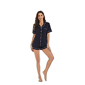 LUBOT Women's Pajamas Set Short Sleeve Button-Down Shirt PJ Pants Two-piece Shorts Set Summer Night Suit Sleepwear Loungewear (Navy Blue, M)