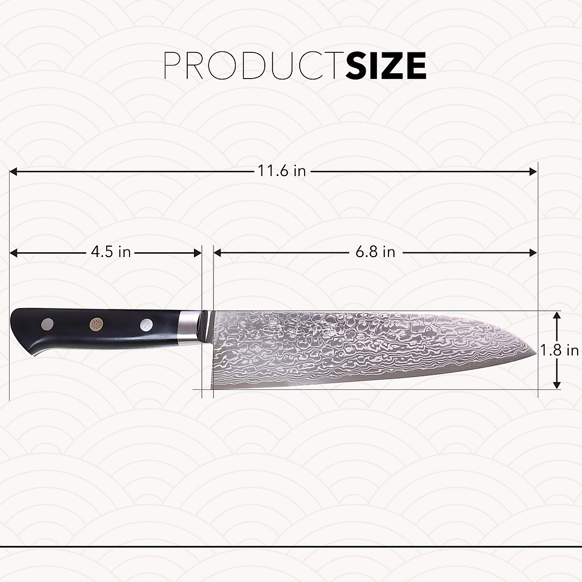 JCK ORIGINAL Kagayaki Japanese Chef’s Knife, KGRP-2 Professional Santoku Knife, Polished Patterned Damascus Stainless Steel with Ergonomic Black Pakka Wood Handle, 6.8 inch