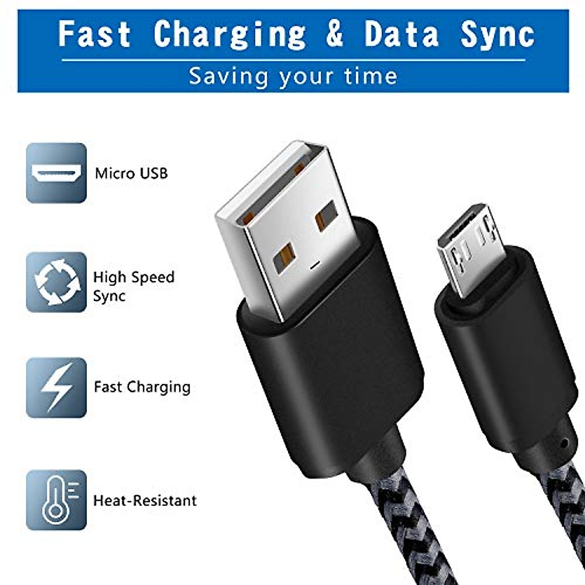 Android Charger Cable, HI-CABLE Micro USB Cable [2 Pack/6FT] with 2-Pack Dual Port USB Wall Charger Fast Charging Compatible with Samsung Galaxy S7 S6 J8 J7 Note 5,Kindle,LG,PS4,Camera (Black)
