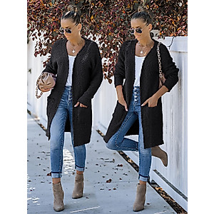 MEROKEETY Women's Long Sleeve Soft Chunky Knit Sweater Open Front Cardigan Outwear with Pockets,Black,Large