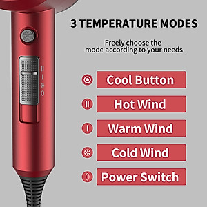 Ionic Hair Dryer, DOOAIR 1875W Blow Dryer with Diffuser and Concentrator, Professional Hair Dryer for Curly Hair, Negative Ion Technology, Constant Temperature Hair Care for Light and Quiet (Red)