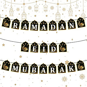 WATINC 2 in 1 Ramadan Banner Eid Mubarak Decoration, Ramadan Kareem Hanging Banners Decor, No DIY Needed Eid Al-Fitr Iftar Party Favor Hang Garland Supplies for Home Tree Fireplace Wall (10 Feet)