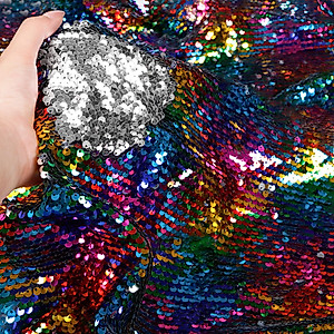 ShinyBeauty Rainbow to Silver Fabric by The Yard 1 Yards Mermaid Fabric Sequin Fabric Flip up Silver Reversible Fabrics for Sewing Glitter Material Cutting Dress/Clothing/Party Decor