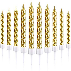 Blulu 50 Pieces Spiral Cake Candles in Holders Metallic Cake Cupcake Candles Short Thin Cake Candles for Birthday Wedding Party Cake Decorations (Gold)