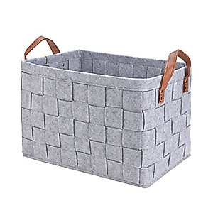 Collapsible Storage Basket Bins, Foldable Handmade Rectangular Felt Fabric Storage Box Cubes Containers with Handles- Large Organizer For Nursery Toys,Kids Room,Towels,Clothes, Grey （16"x11.8"x11.5"）