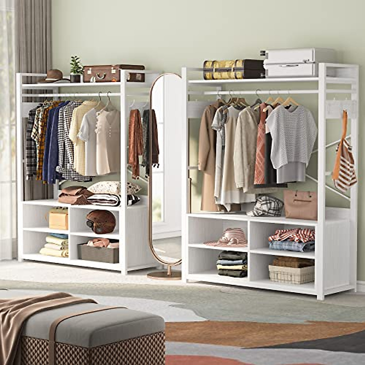 Tribesigns Free-standing Closet Clothing Rack, Metal Closet Organizer System with Shelves and Hooks, Heavy Duty Clothes Garment Rack Shelving for Bedroom, Laundry, Mushroom, Walk-in Closet (WHITE)