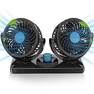 FiveJoy Car Fan 360 Degree Rotatable - 12V DC Electric 2 Speed Dual Head Fans, Quiet Strong Dashboard Cooling Air Circulator Fan for Sedan SUV RV Boat Auto Vehicles Golf or Home Father's Day