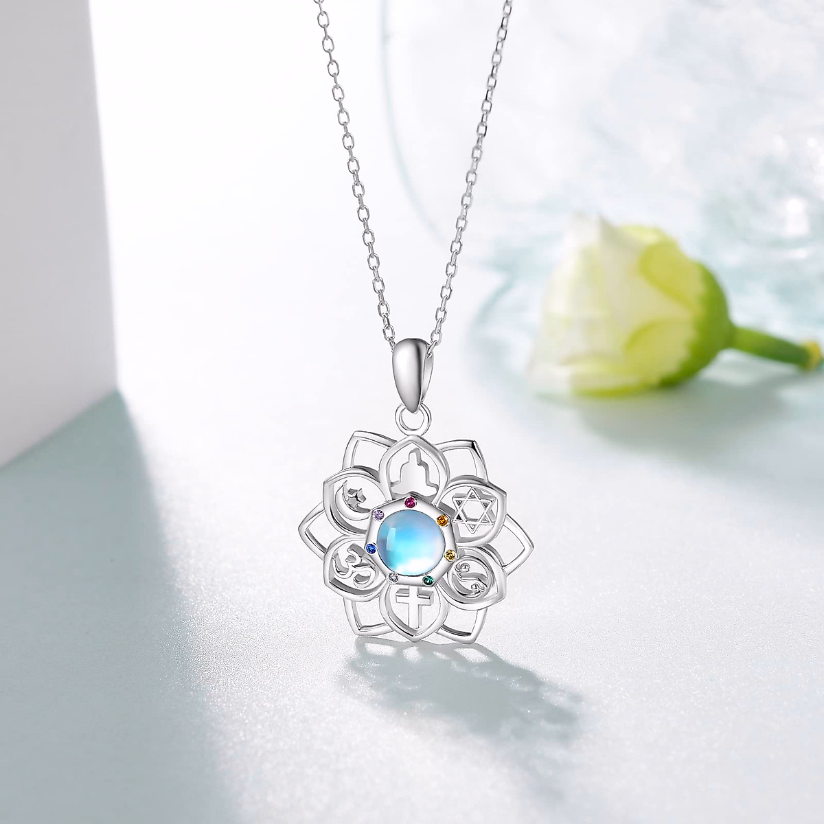 SCZKLAQ 7 Chakra Necklace for Women 925 Sterling Silver Lotus Chakra Necklace Moonstone Yoga Lotus Chakra Jewelry for Women Chakra Gifts