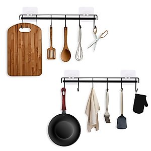 Kalione 2 Pack Wall Mount Utensil Rail Rack, Stainless Steel, 2pcs Adhesive Utensil Holder Hooks for Kitchen Bathroom