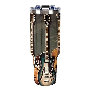 LLUTSNTH 40 Oz Vacuum Tumbler with White Handle Leakproof Insulated Tumbler Guitars Art Stainless Steel Travel Mug with Lid And Straw Coffee Cup Cute Water Bottles Cup Holder Friendly