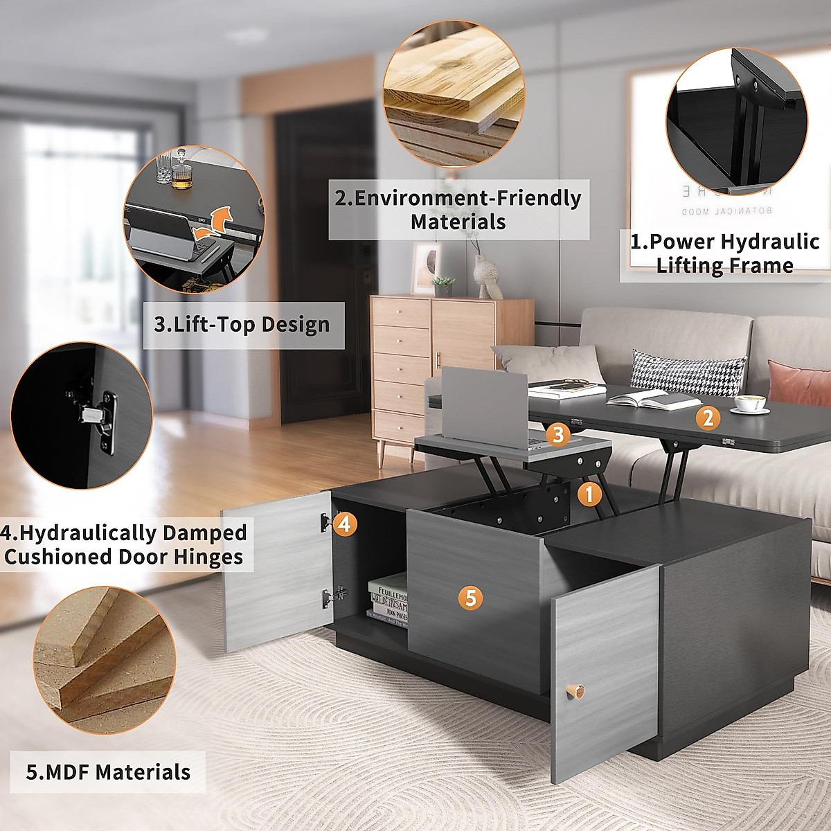 Lift Top Coffee Table with Storage Extendable Desktop, Perfect for Living Room