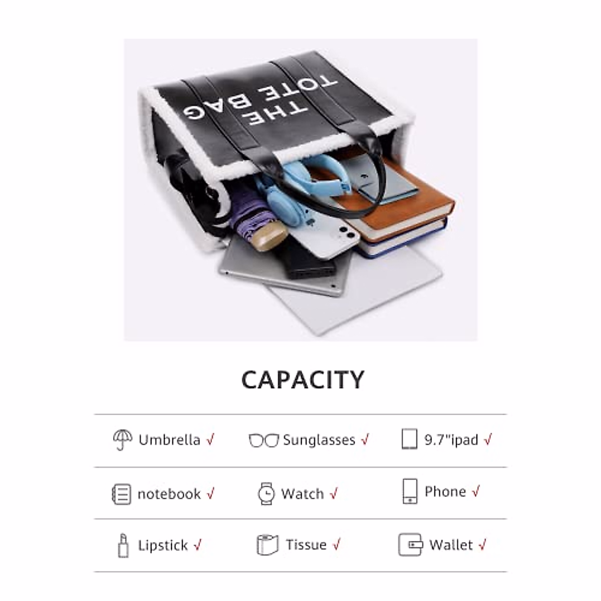 Tote Bag for Women, PU Leather Tote Bag with Lamb Wool, Shoulder Crossbody Bag for Work/Travel (Khaki)