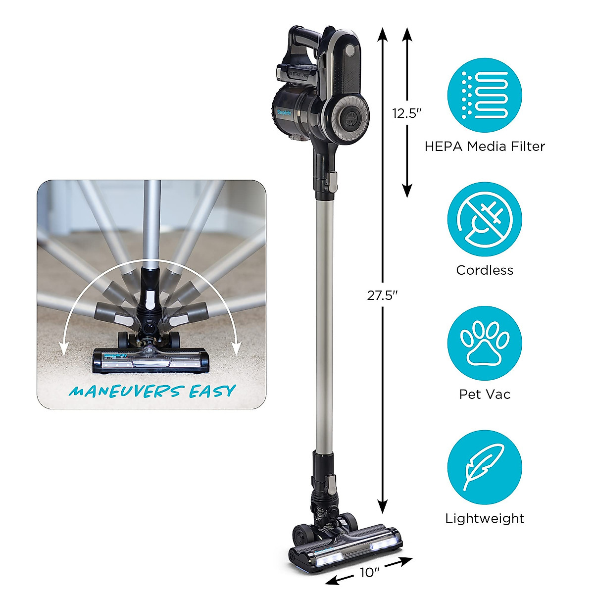 Simplicity Vacuums S65S Vacuum Cleaner Cordless Carpet and Hard Floor Superstar, One-Click and Go Vacuum Stick with Two Speeds, Converts to Handheld Vacuum Cleaner for Car and Home Cleaning