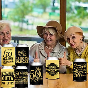 KARAQY 12 Pcs 50th Birthday Party Can Coolers - Black and Gold Cheers to 50 Years Can Sleeves, Happy 50th Birthday Decorations for Men Women 50th Birthday Party Supplies