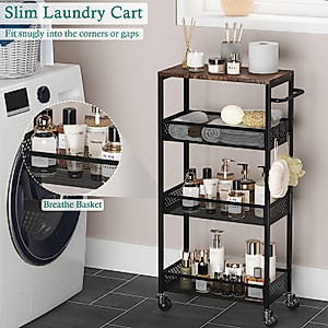 XYZLVSI Slim Storage Cart 4 Tier Fruit and Vegetable Baskets for Kitchen Small Space, Narrow Rolling Cart on Wheels with Wooden Top and Metal Handle for Pantry, Bathroom, Laundry Room