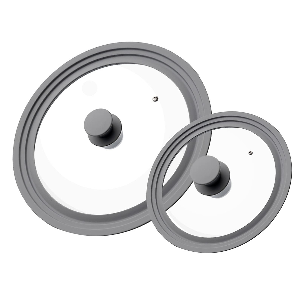 J&C LIFE Universal Lids for Pots, Pans & Skillets (2PCs, Grey) Fits 7-8.5, 10-12 Inch Frying Pan Skillet, Glass Pan Lids with Heat Resistant Silicone Rim, Pan Cover for Cast Iron Skillet Cookware