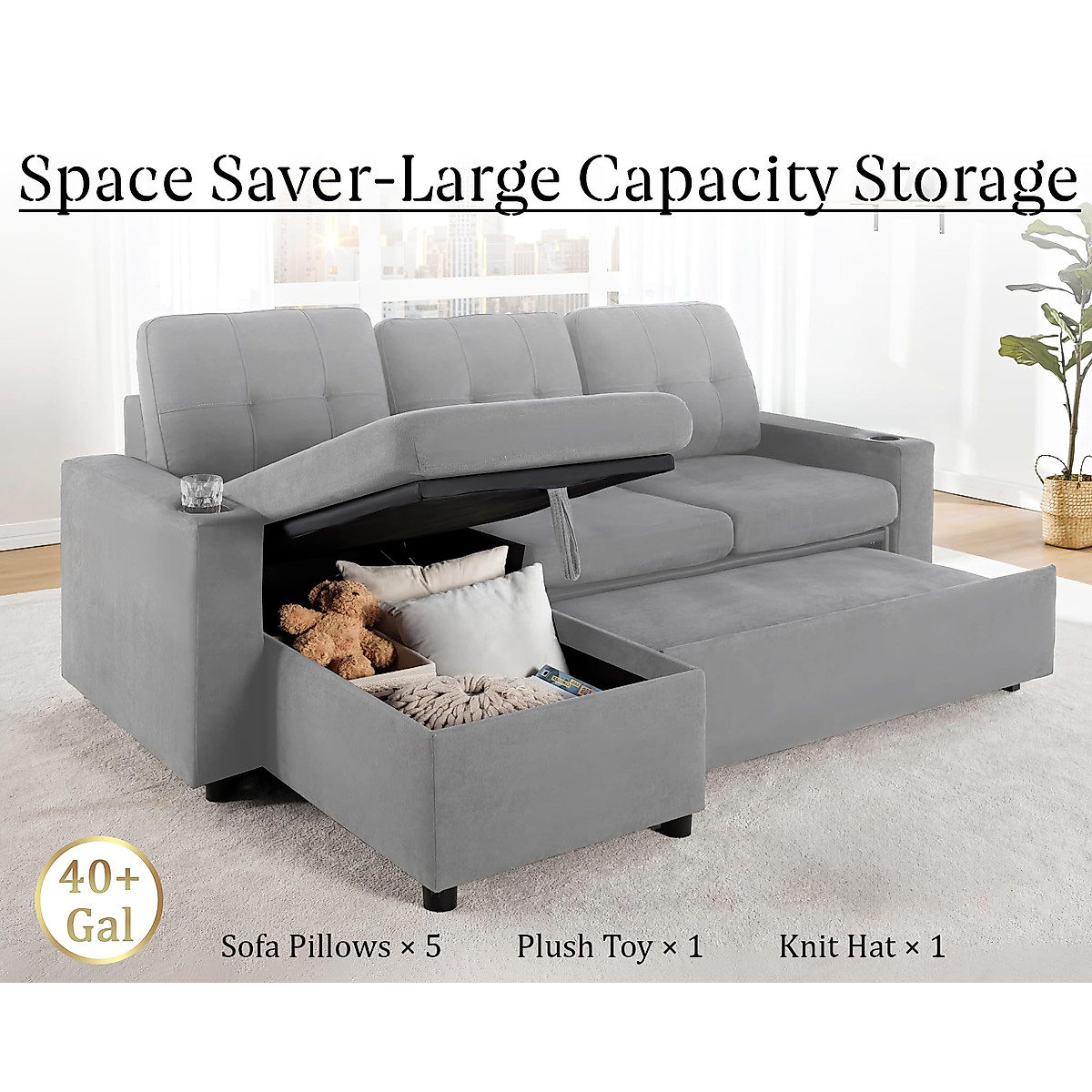 yoyomax L Shaped Sofa-82'' Sectional Sofa with Storage Chaises & Cup Holders, Pull Out Bed & Storage Space for Living Room, Apartment and Office, Light Grey(Left)