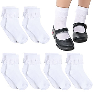 SATINIOR 6 Pairs Girls Ruffle Lace Sock White Eyelet baby Dress Socks for Girls Toddler Preschool Kindergarten(7-10 Years)