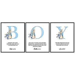 Religious Christian Baby Boy Room Decor - Baby Boy Nursery Decor - Boys Wall Art - Scripture Wall Art - Bible Verses Wall Decor - Baby Shower Gifts - Toddler Boys Bedroom - Blue Peter Rabbit Decor