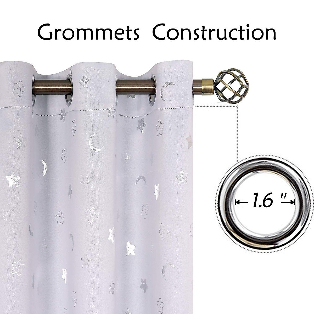 BGment Kids Curtains for Nursery, Star and Moon Room Darkening Curtains for Boys Girls Bedroom 63 Inch Long, Blackout Thermal Insulated Grommet Curtains, Greyish White, 2 Panels of 42 x 63 Inch