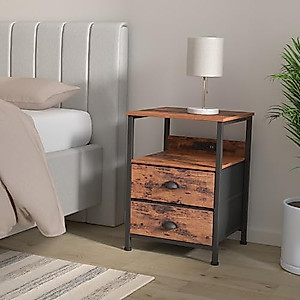 Furologee Set of 2 Nightstands, End Table with Charging Station, Bedside Tables with 2 Fabric Drawers, Night Stands with USB Ports & Power Outlets for Bedroom/Living Room/Rustic Brown
