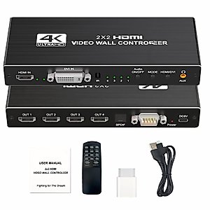 1x4 2x2 HDMI Video Wall Controller, 4K 60Hz with HDMI+DVI+RS232 Input, 180 Degree Rotate Video Processor for 4 TV Splicing