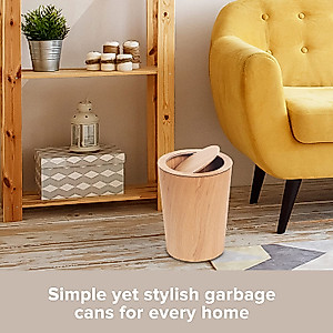 Modern Round Trash Can with Lid,Real Wood Waste Basket in Light Brown,9.25"x7.5"x11.8",8L/2.1Gal Swing Top Small Trash Can, Living Room, Office & Bathroom Den Loft Garden Patio