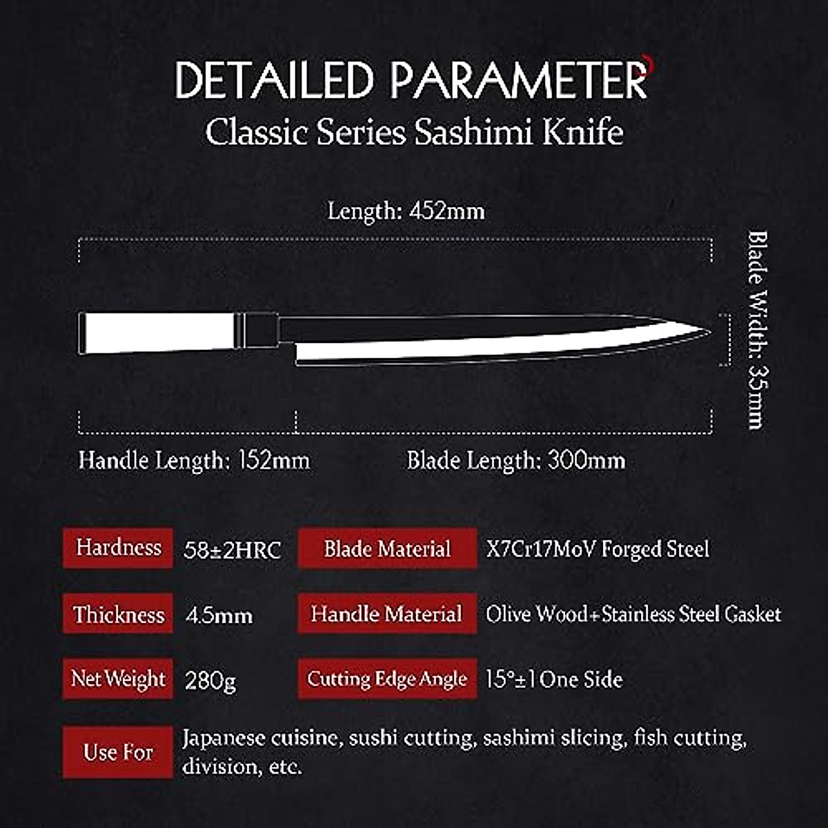 HEZHEN 300mm Sashimi Knife,Forged Steel Sushi Yanagiba Knife, Sushi Slicing, Wooden Handle Knife Case