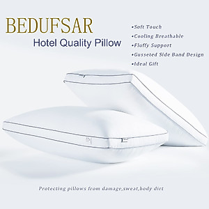 Bedufsar Bed Pillows for Sleeping, Queen Size Pillows Hotel Quality Set of 2, Firm and Supportive Gusseted Pillows for Side and Back Sleepers, Cooling Down Alternative Fluffy Soft Pillow (20x30 in)