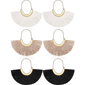 3 Pairs Fan Tassel Earrings for Women Fringe Earrings Semi Circle Fan Silky Threader Dangles Hoops