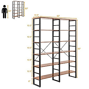 Tangkula Bookshelves and Bookcases, 80 Inch Double Wide 6 Tier Bookshelf, Industrial Vintage Large Etagere Bookshelf, Open Display Shelves with Metal Frame for Home Office (60'' L x 13.5'' W x 80" H)