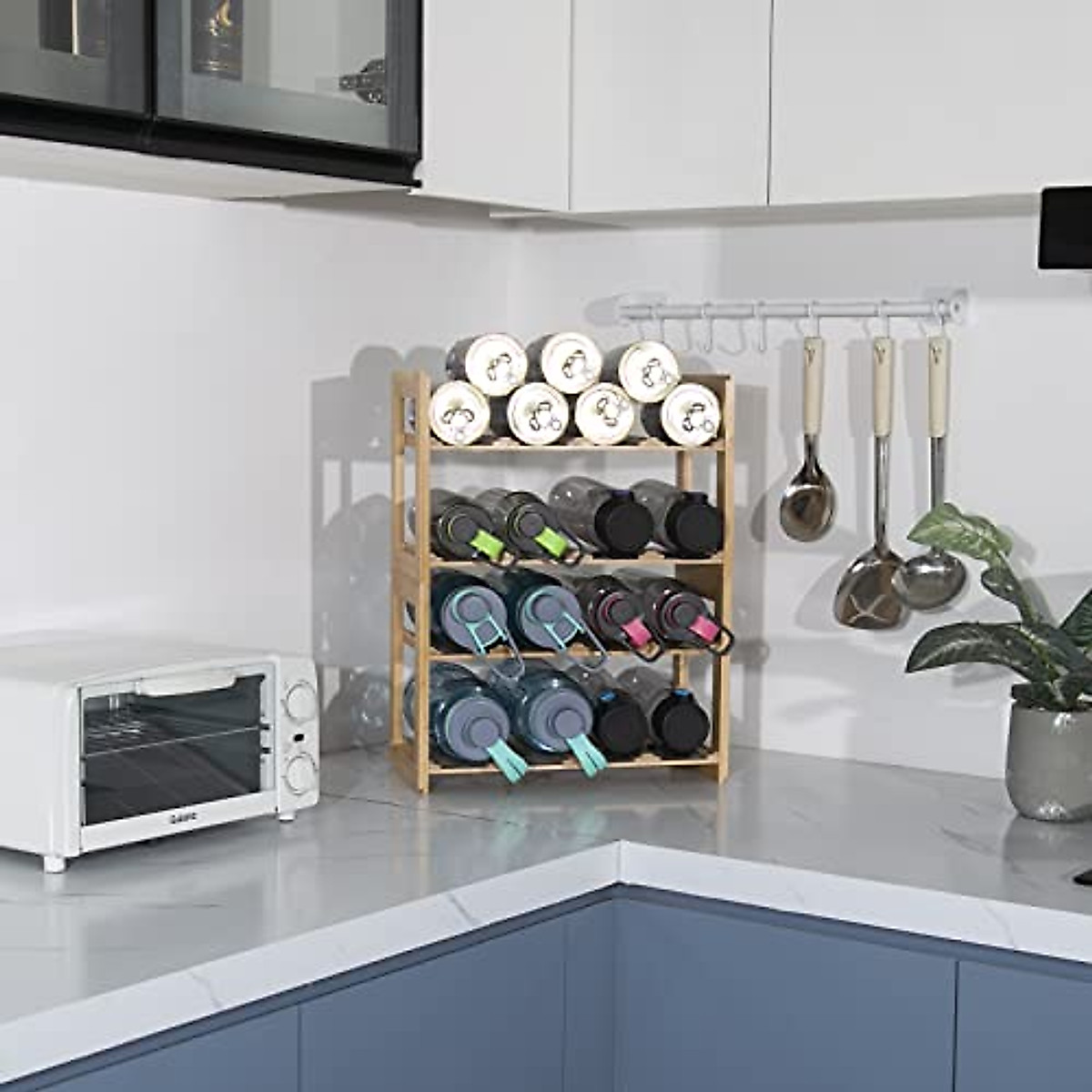AEEHFENG Water Bottle Organizer - Stackable Bamboo Water Bottle Storage Rack for Cabinet Holds up to 16 Bottles - 4 Tier Adjustable Freestanding Cup Holder for Kitchen Countertop Pantry Organizing