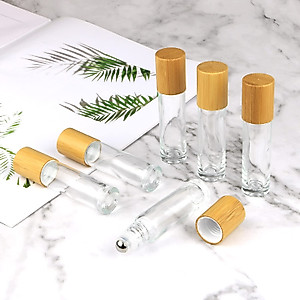 Clear Refillable Glass Empty Roll on Bottles Roller Bottle,10ml Bamboo Roll On Bottle For Essential Oils Perfume Sample Bottles With Stainless Steel Roller Ball &Bamboo Cap,12pcs