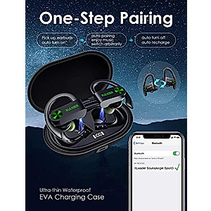 XLEADER Sport3 Pro - Wireless Sports Earbuds IPX7 Waterproof Bluetooth Earphones in Ear with Led Display Charging Case Noise Cancelling Deep Bass Earphones with Mic for Running Workout Gym Green