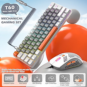 ZIYOU LANG RK-T60 Wired Mechanical Gaming Keyboard and Mouse Combo Portable with Rainbow Backlit 62Key NKRO 6400DPI RGB Honeycomb Mice Coiled Aviator Cable for PS4/PC/WIN Gamer(Light Gray/Red Switch)