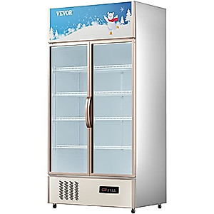 VEVOR Commercial Refrigerator,Display Fridge Upright Beverage Cooler, Glass Door with LED Light for Home, Store, Gym or Office, (23 cu.ft. Double Swing Door)