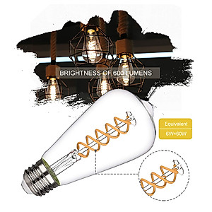 MYEMITTING Dimmable ST58 LED Edison Bulbs, 6W Equivalent to 60W Vintage Light Bulbs, E26 Base 2700K ST58/ST19 LED Bulbs, Antique Flexible Spiral LED Filament Light Bulbs - Clear Glass 6Pack