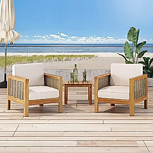 Christopher Knight Home Judith Outdoor Acacia Wood Club Chair with Wicker Accents (Set of 2), Teak Finish + Mixed Brown + Beige