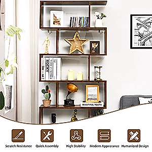 Tangkula 6 Tier S Shaped Bookshelf, 31.5''L x 9''W x 75''H, Wooden Bookcase and Bookshelves w/Anti-Toppling Device, Room Divider Display Shelves for Living Room, Home Decor, 6 Shelf Bookshelf