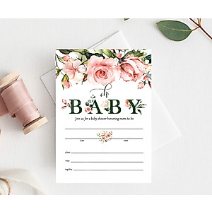 Moonrise Papery Set of 25 Pink Floral Baby Shower Invitations for Girl, Oh Baby Invitations for Baby Shower, Fill-In Style Invitations with Envelopes