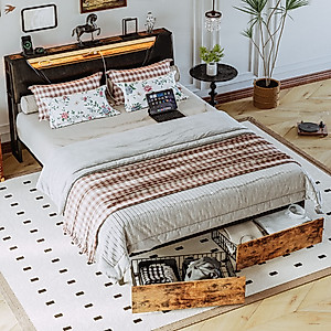 IRONCK Queen Bed Frame with Drawers, Ergonomic Storage Headboard with Charging Station, LED Light, Solid and Stable, No Box Spring Needed