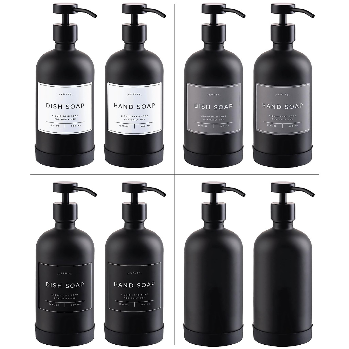 Verute 16oz Glass Soap Dispenser with Stainless Steel Pump, 21 Waterproof Labels, Non-Slip Protective Silicone Pad, Set of 2 for Bathroom & Kitchen (Matte Black Bottle/Black Pump)