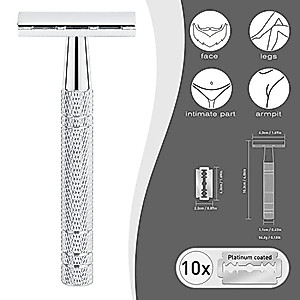 Reusable Double Edge Safety Razor for Women, Single Blade Razors for Men, with 10 Platinum Coated Stainless Steel Razor Blades, Metal DE Razor for a Close Smooth Shave, Sustainable Living Choice