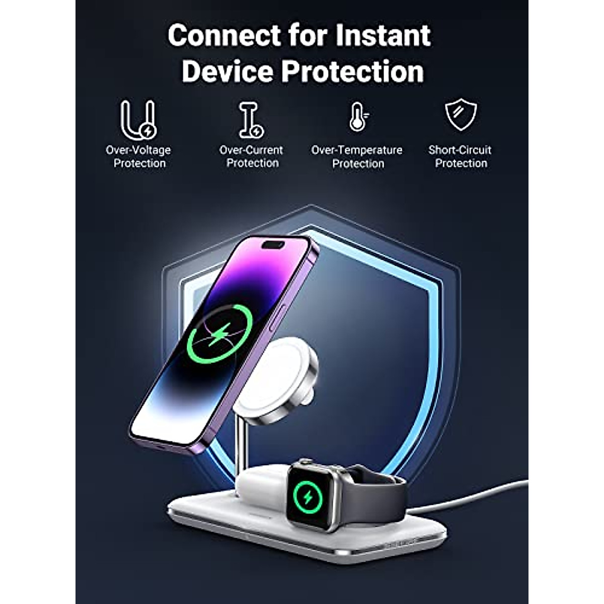 UGREEN MFi-Certified 25W 3-in-1 MagSafe Wireless Charging Station, 15W Fast Charging for iPhone 14/13/12 MagSafe Series, Compatible with Apple Watch, AirPods Series (No AC Adapter)