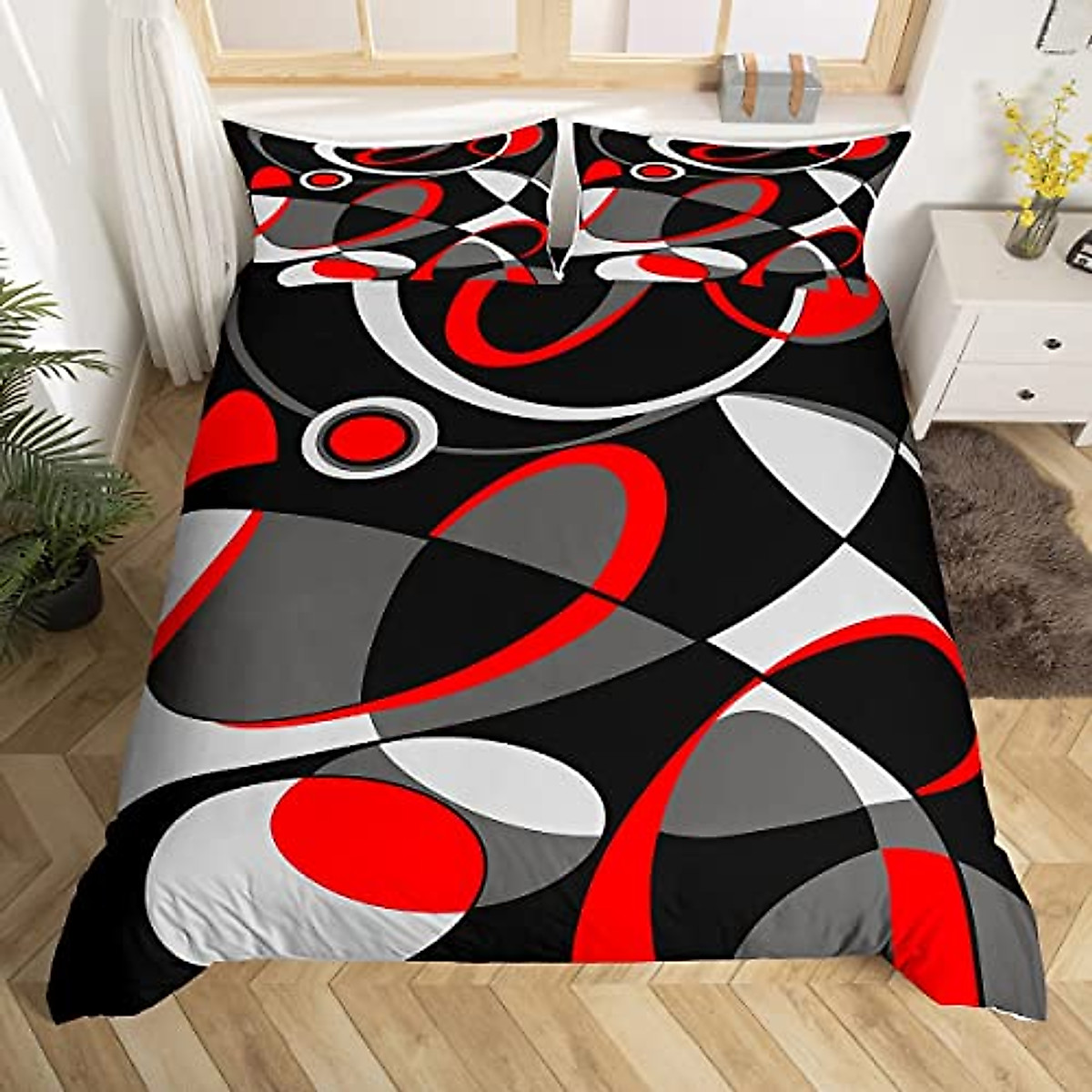 5Pcs Red Grey and Black Duvet Cover Set Full Size & Curtain Set: 1 Duvet Cover + 2 Pillowcase + 2 Panels of 42 W x 63 L inch Each