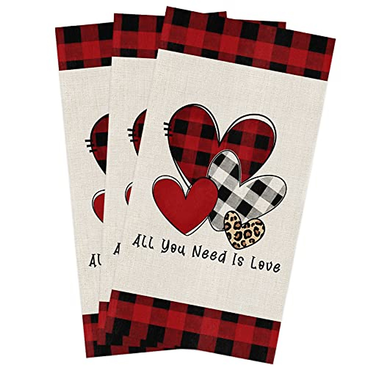 CirCleO Cotton Kitchen Towels 3 Pack, Vintage Heart Shape Black Red Buffalo Plaid Kitchen Dish Towels, Absorbent Dish Cloths/Bar Towels/Tea Towels/Hand Towels with Hanging Loop, Ultra Soft