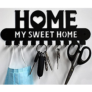 NASTURTIUM Black Metal Key Holder Hooks Sweet Home Wall Hanger Decor for Front Door Kitchen Garage Ready to Hang, 10 Hook Racks