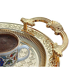 BAYKUL Turkish Ottoman Coffee Tea Beverage Gold Serving Oval Tray, Luxury Metal Chrom Moroccan Decorative Breakfast Dinner Table, Ottoman Trays Extra Large (Gold)
