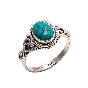Gixaxak Turquoise Moonstone Ring Women's 925 Sterling Silver Ring Oval Cut Natural Bohemia Turquoise Jewelry Birthday Proposal Hollow Engagement Party Band Rings 6