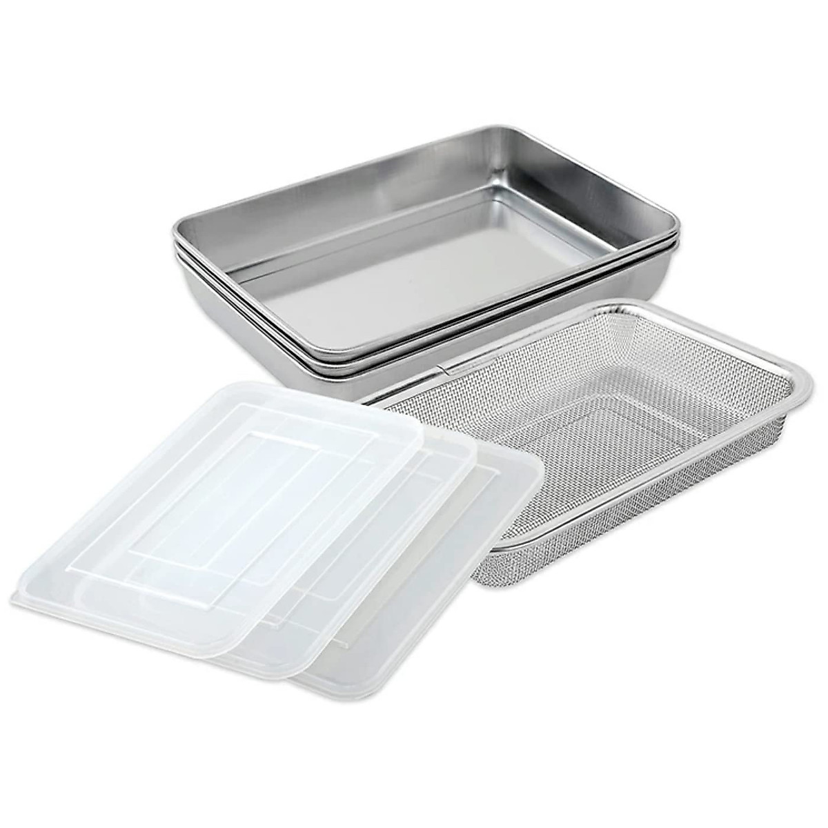 YAMAZEN, 7-Piece Set Stainless Steel Stackable Kitchen Food Containers With Flexible Clear Lids & Stainless Steel Strainer | Marinade Storage Trays | Refrigerator Fridge Freezer | Storage Kitchen